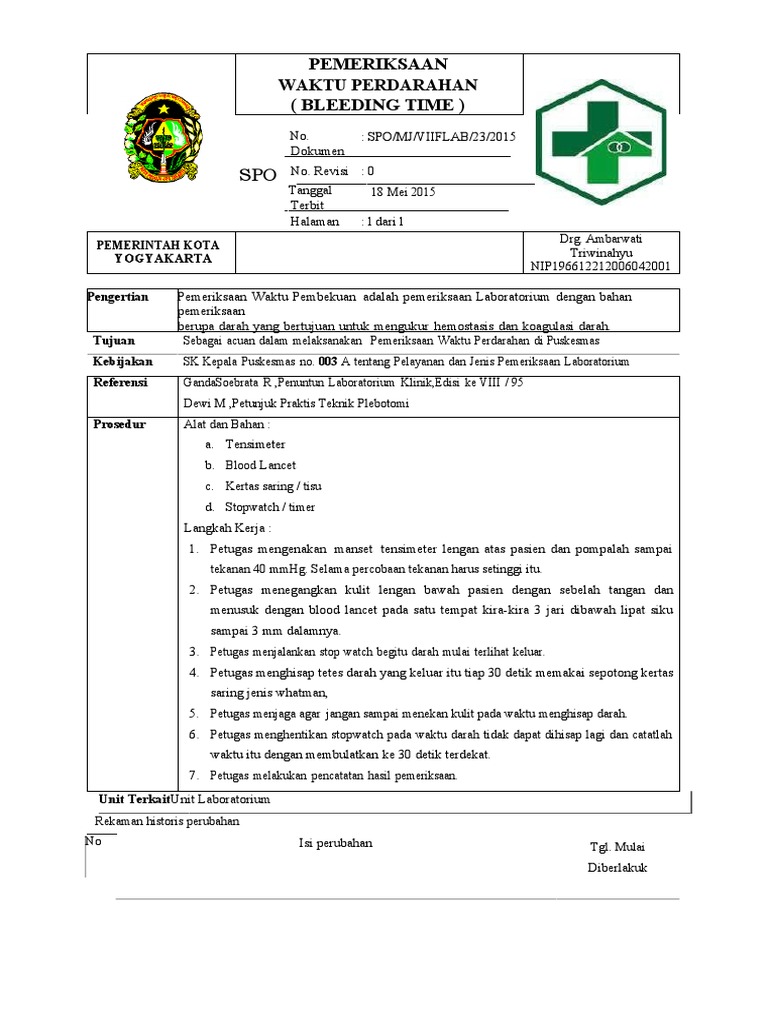 SPO Pemeriksaan Waktu Perdarahan (Bleeding Time) | PDF