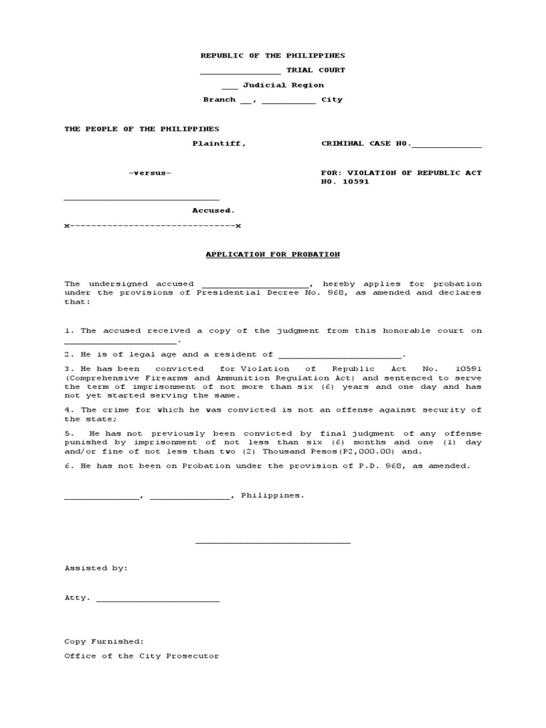 Application For Probation - For Violation of Republic Act No. 10591 | PDF