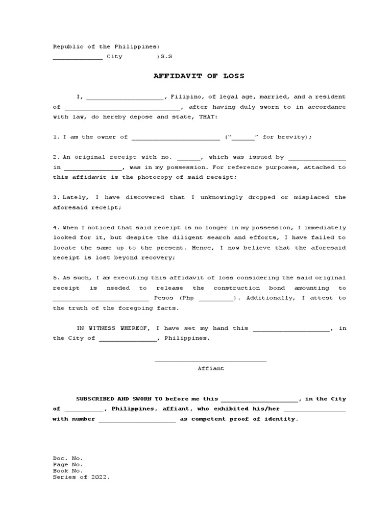 Affidavit of Loss - Lost of Construction Bond Receipt | PDF