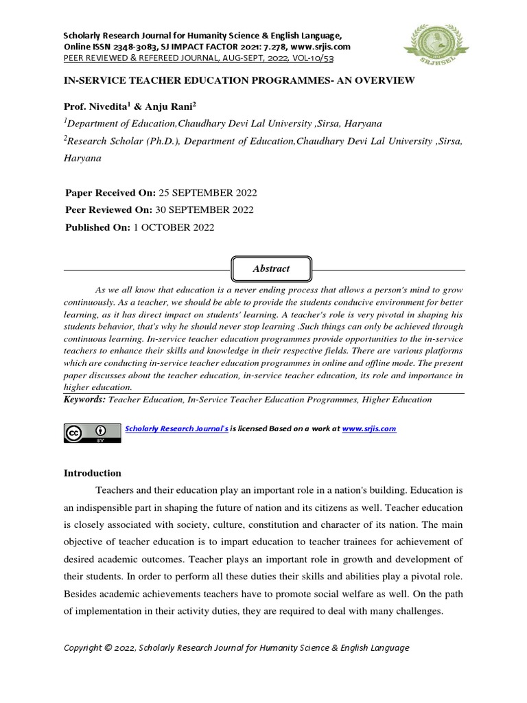 In-Service Teacher Education Programmes - An Overview | Download Free ...