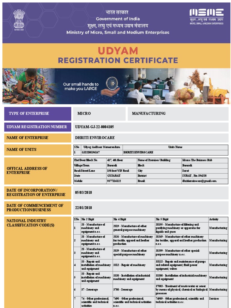 10.udyam Registration Certificate Udyam Gj-22-0004105 | PDF | Machines