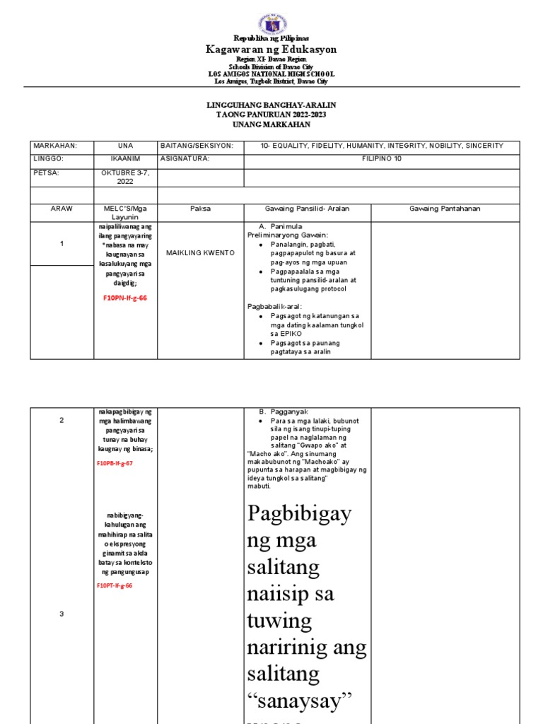10 - Lingguhang Banghay-Aralin | PDF