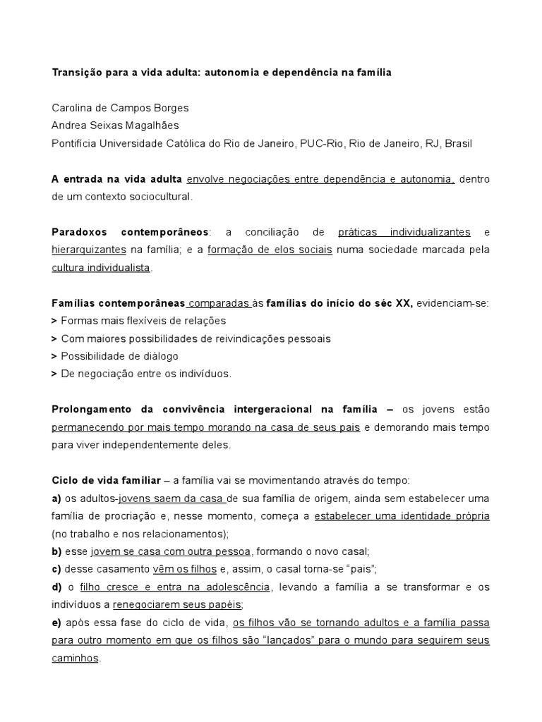 Transição para Vida Adulta - 1° Texto - Prof - Emily | PDF | Família ...