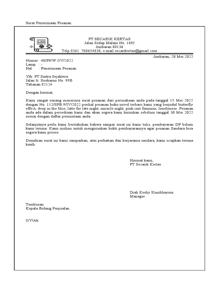 Surat Penerimaan Pesanan | PDF