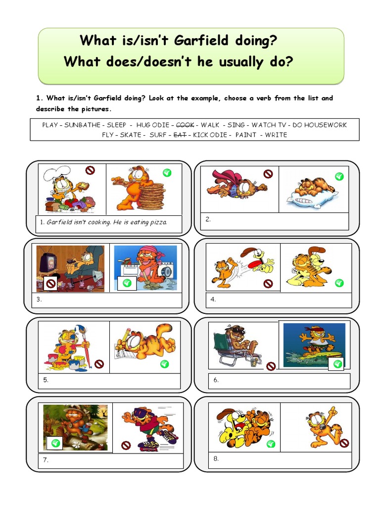 Present Simple and Continuous With Garfield | PDF