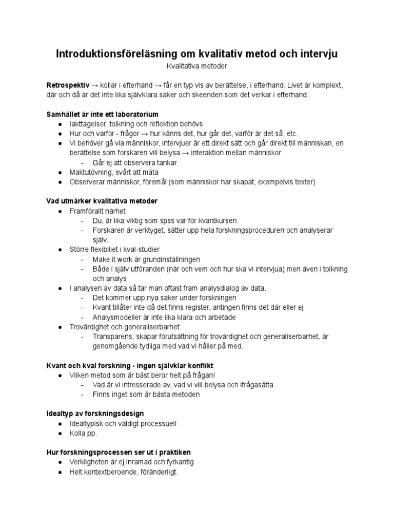 Introduktionsföreläsning Om Kvalitativ Metod Och Intervju | PDF