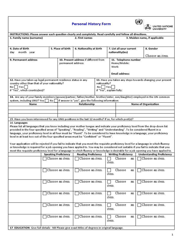 UNU P11 PHP Personal History Form FINAL | Download Free PDF | Academic ...