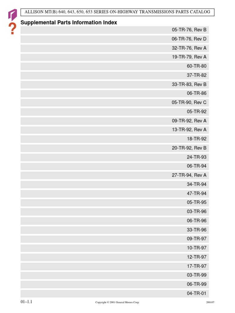 Supplemental Parts Information Index: Allison MT (B) 640, 643, 650, 653 Series On-Highway ...
