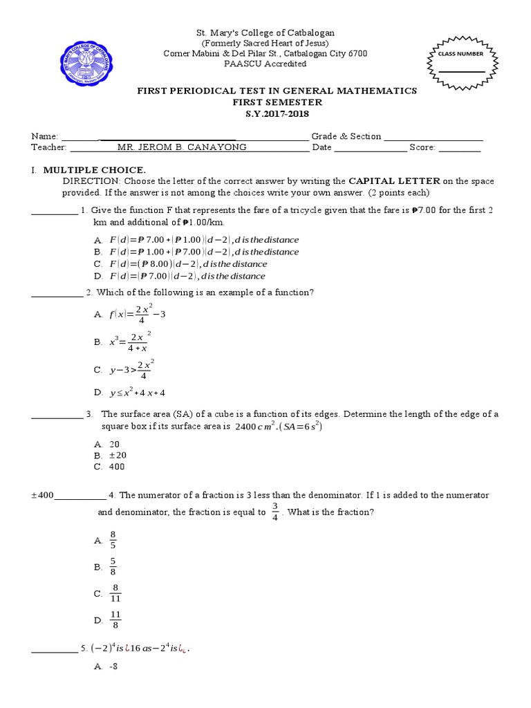1st Quarter Exam In Gen Math Band Members Pdf Function Mathematics 3622
