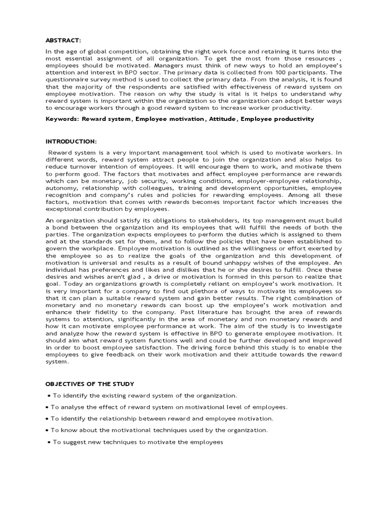 Project On The Effectiveness of Reward System On The Motivation Level ...