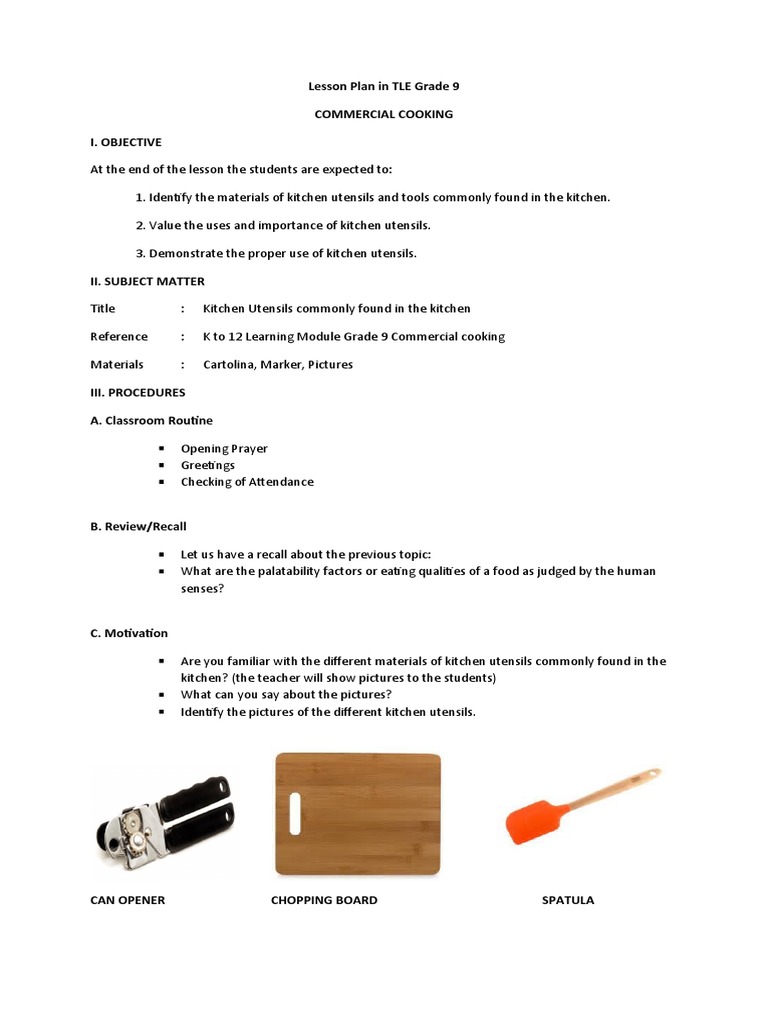 Grade 9 Lesson Plan on Kitchen Utensils | PDF | Kitchen Utensil | Kitchen