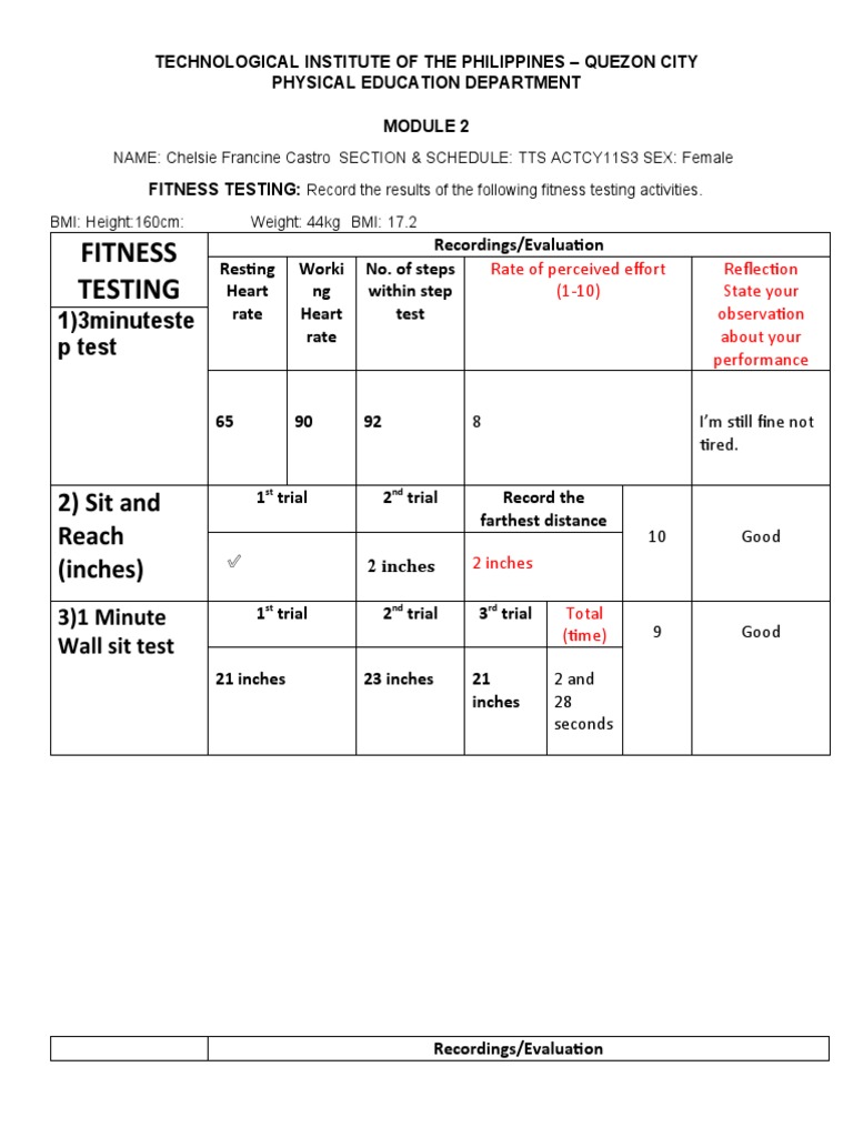 Pre Physical Fitness Test Sheet | PDF | Strength Training | Human Body ...