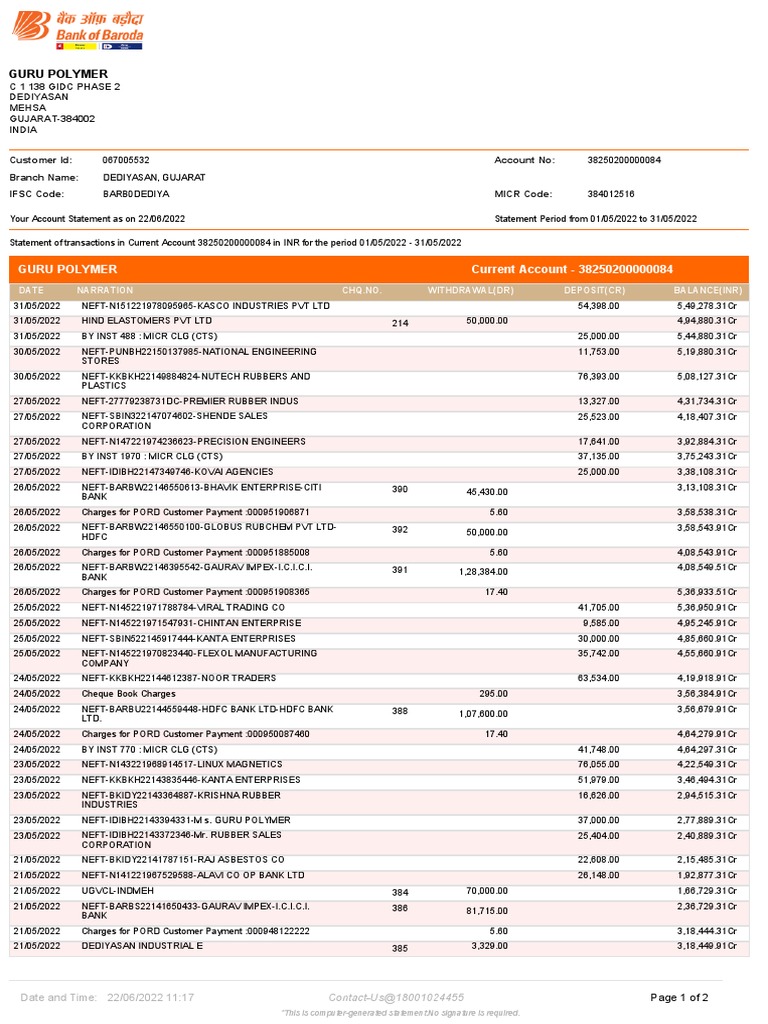 Statement of Transactions for Guru Polymer's Current Account from May 1st to May 31st 2022 ...