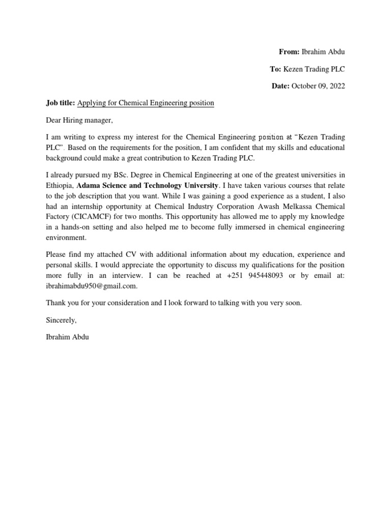 Cover Letter Kezen | PDF