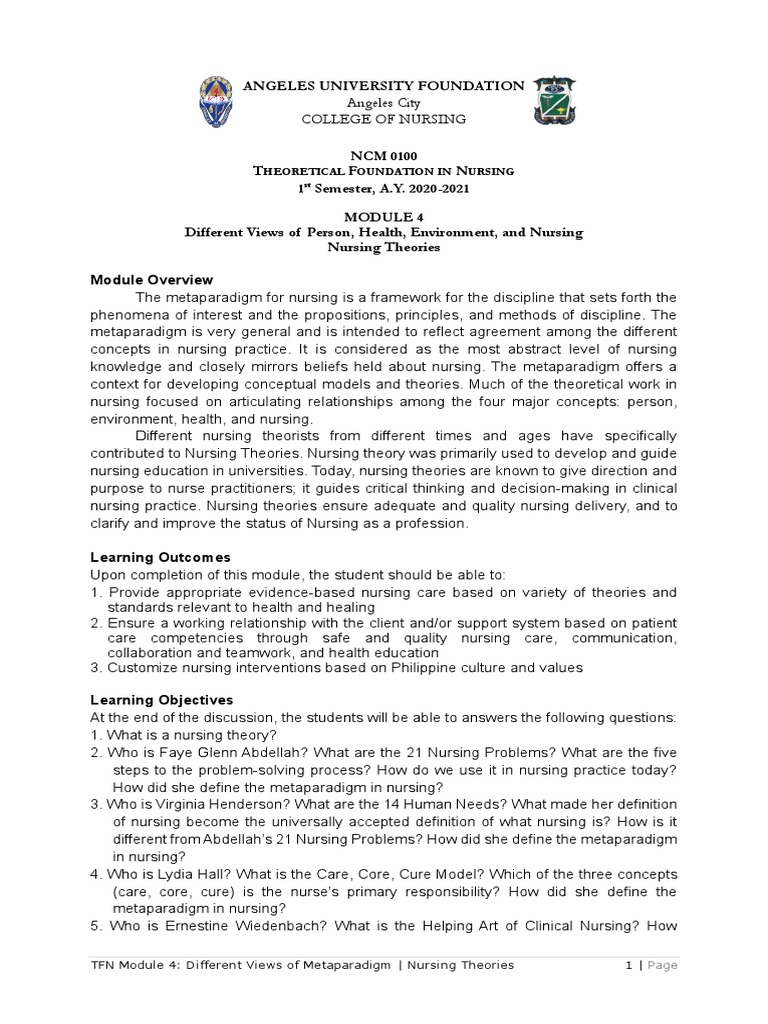 Module 4 - Nursing Theories | PDF | Nursing | Theory