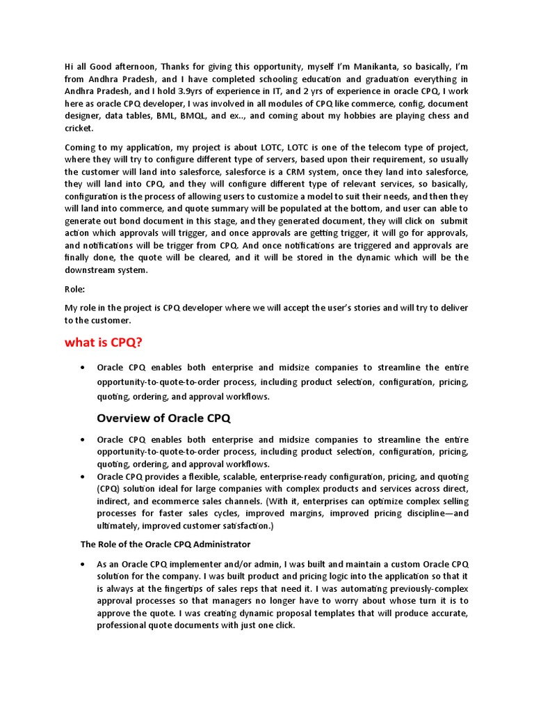 Oracle CPQ Process Overview and Roles | PDF