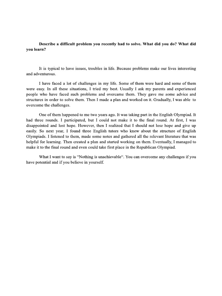 Describe A Difficult Problem You Recently Had To Solve PDF