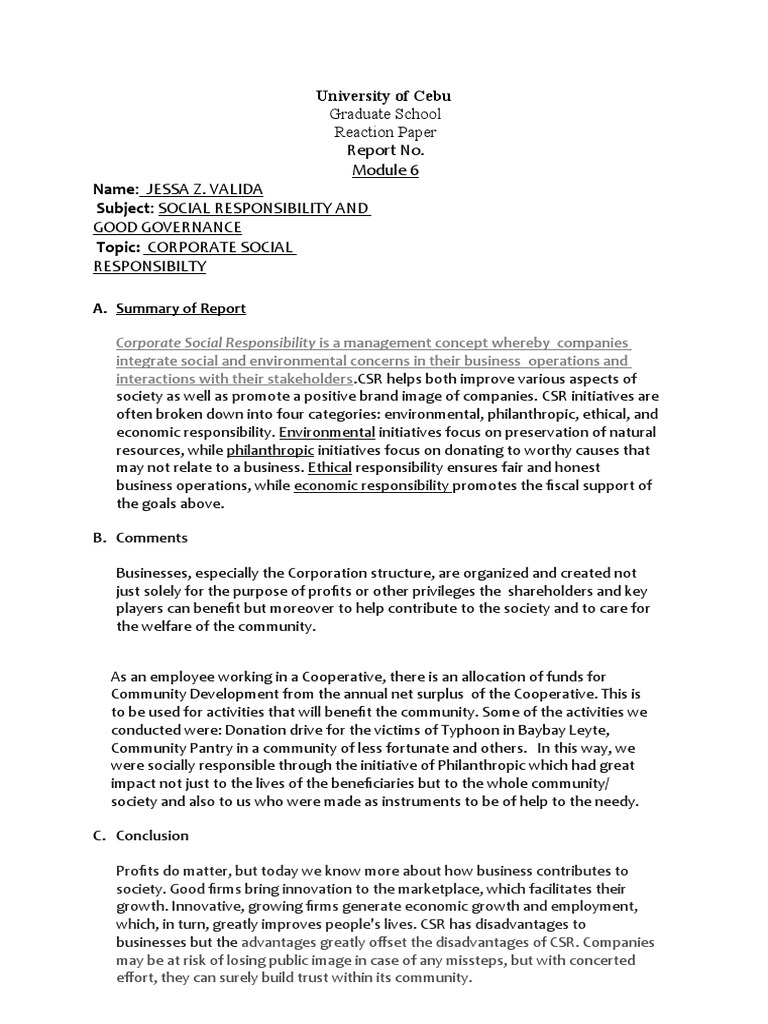 University of Cebu Graduate School Reaction Paper on Corporate Social ...