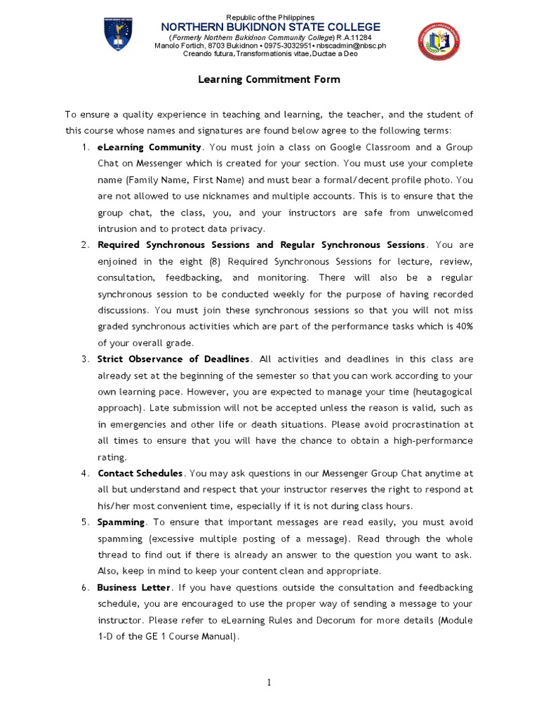 Learning Commitment Form | PDF | Educational Technology | Teachers