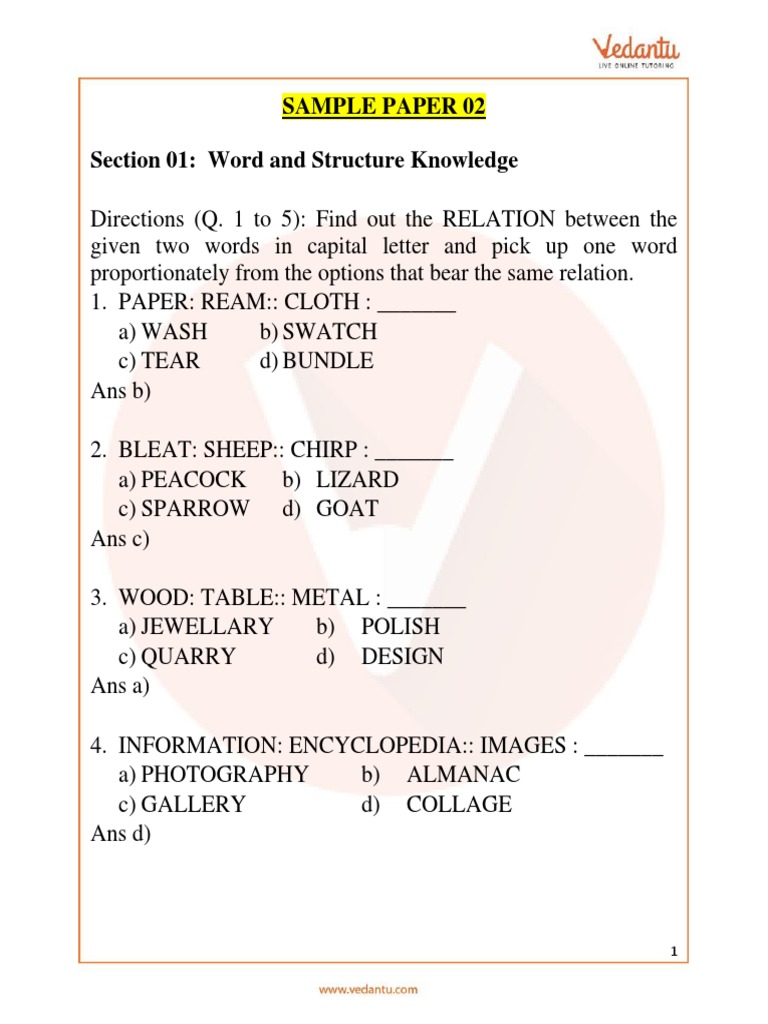 Sample Paper: Word and Structure Knowledge | PDF