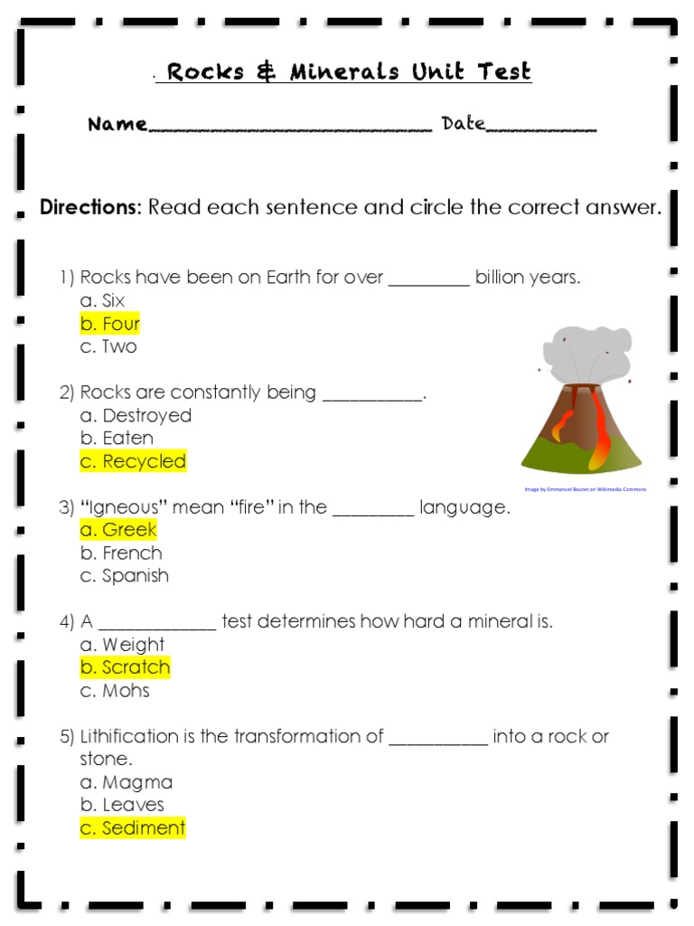 Rocks & Minerals - Unit Test (Answer Key) | PDF | Rock (Geology ...