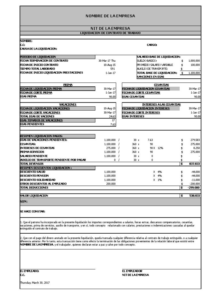 Formato Liquidación Contrato Laboral | PDF | Liquidación | Salario