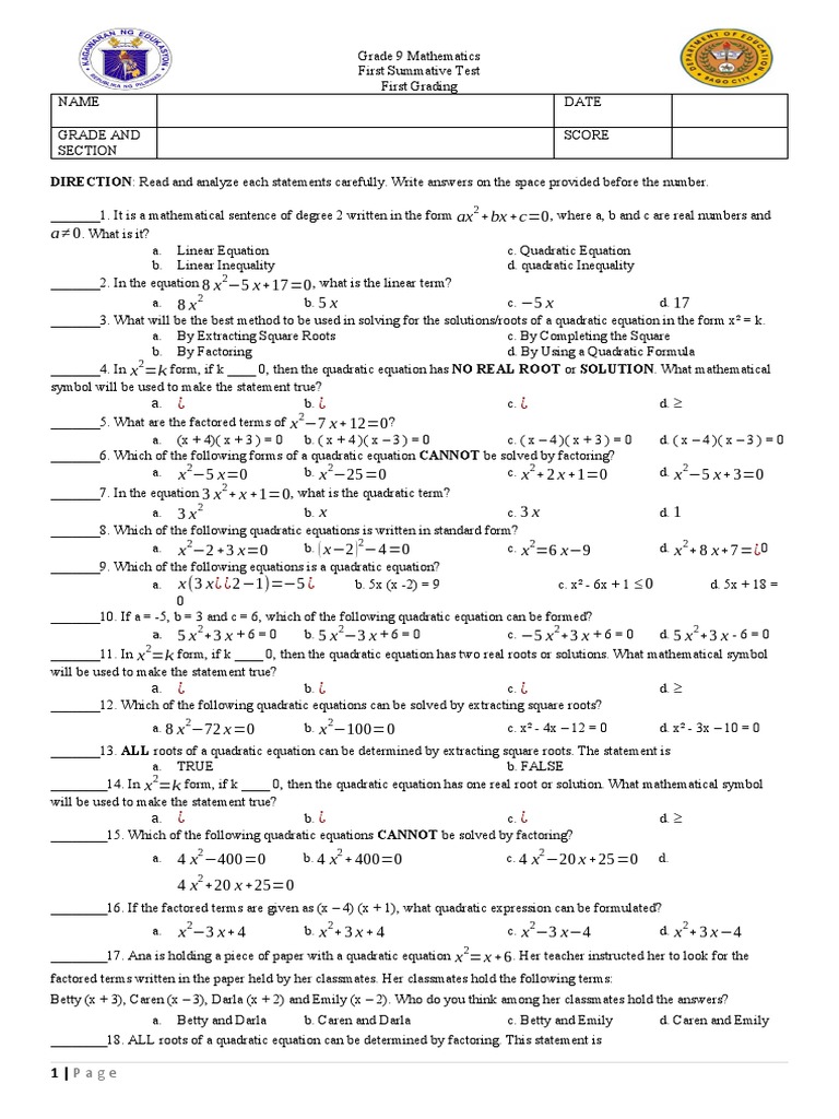 Summative Test 1 Q1 | PDF | Quadratic Equation | Equations