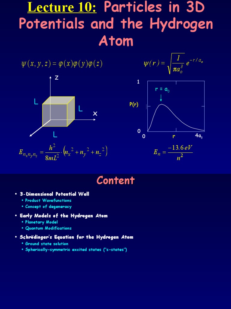 Lecture 10 - Particles in 3D Box and Hydrogen Atom | Download Free PDF ...