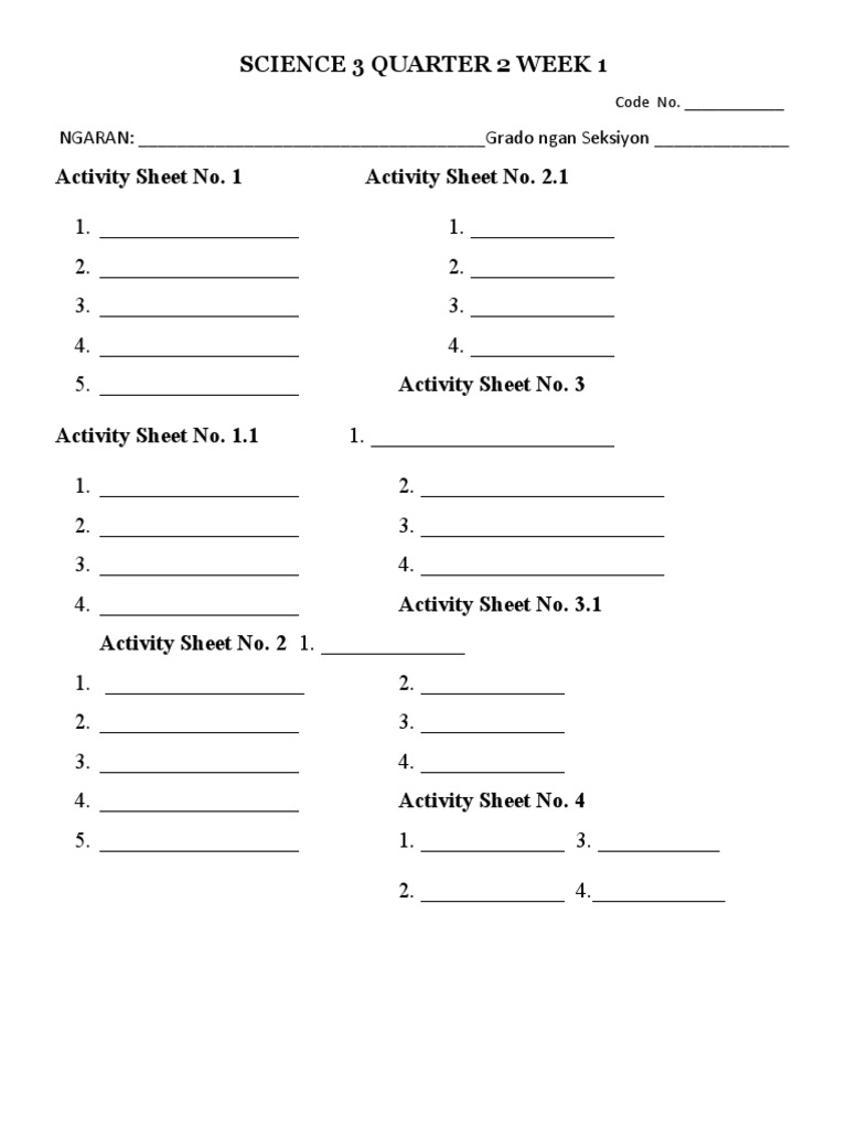 Answer Sheet Science 3 Week 1 2nd Quarter | PDF
