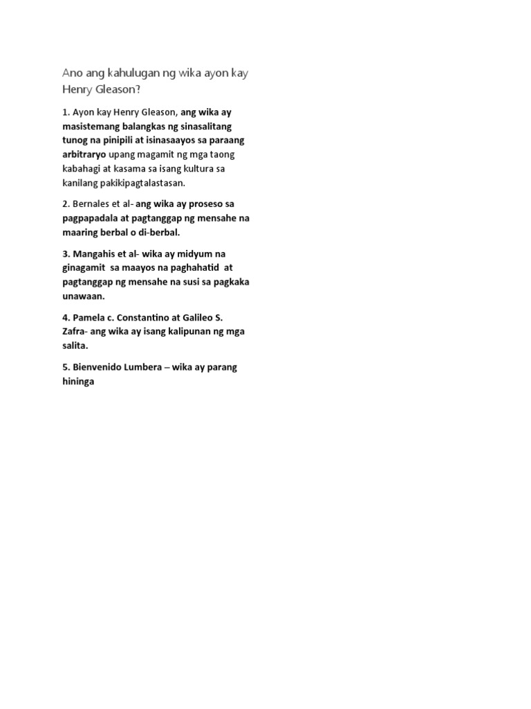 Ano Ang Kahulugan NG Wika Ayon Kay Henry Gleason | PDF | Social Science ...