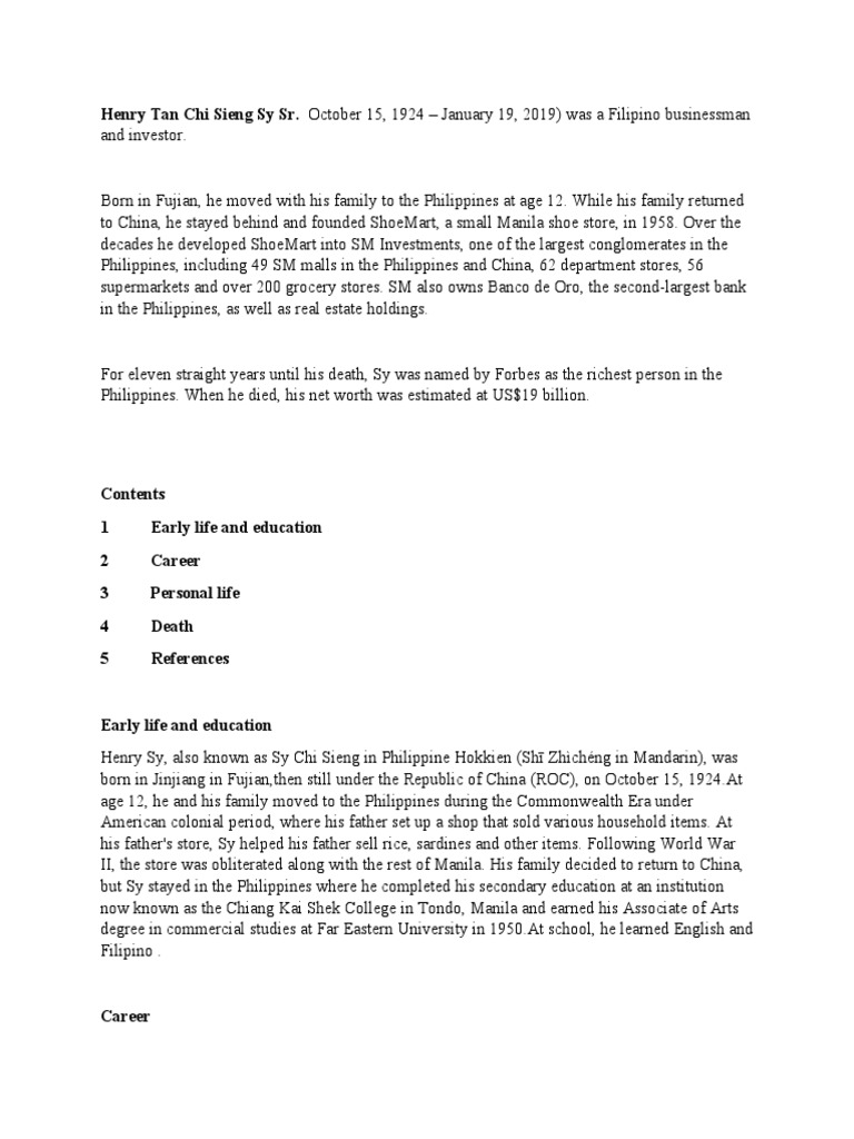 Biography Henry Sy | PDF | Philippines | Makati