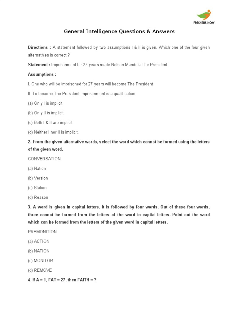 General Intelligence Old Question Paper | PDF | Sports & Recreation ...