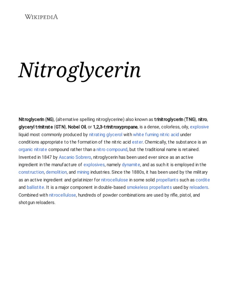 Nitroglycerin - Wikipedia | PDF | Chemistry | Chemical Substances