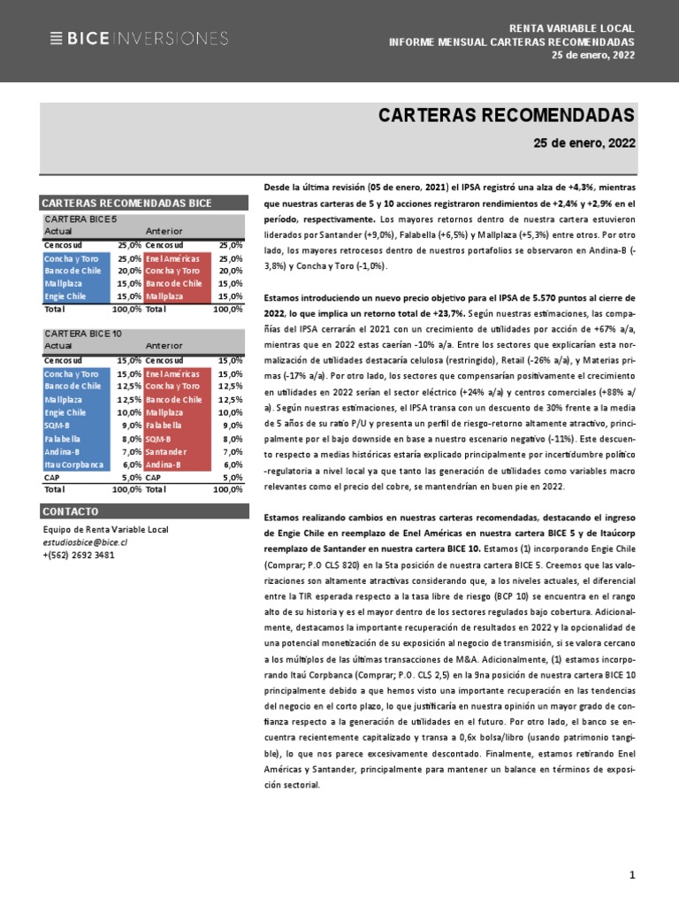 Cartera Recomendada BICE Inversiones 25 de Enero 2022 | PDF