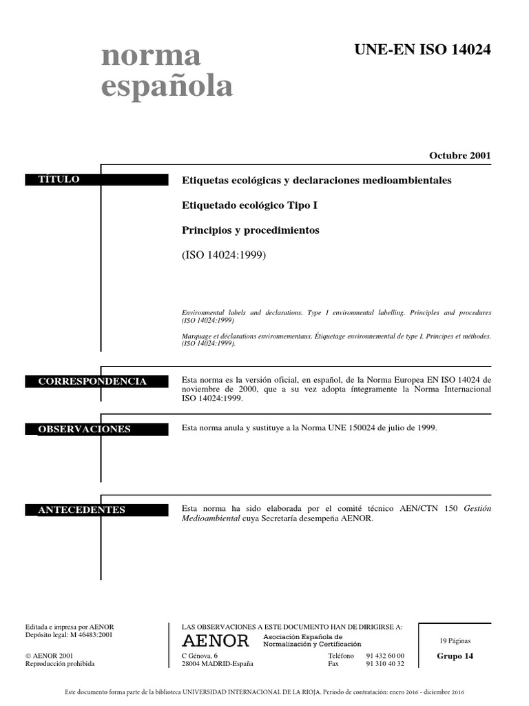 Norma Española: UNE-EN ISO 14024 | PDF | Evaluación del ciclo de vida