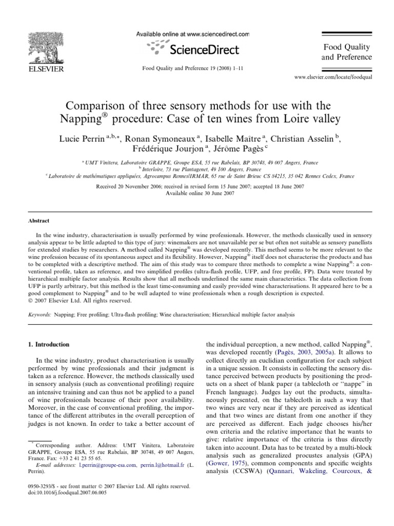 Perrin Et Al. - 2008 - Comparison of Three Sensory Methods For Use With The Napping Procedure ...