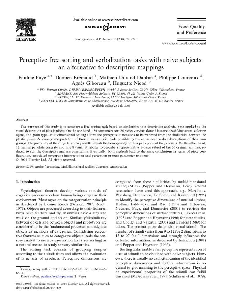 Faye Et Al. - 2004 - Perceptive Free Sorting and Verbalization Tasks With Naive Subjects An ...