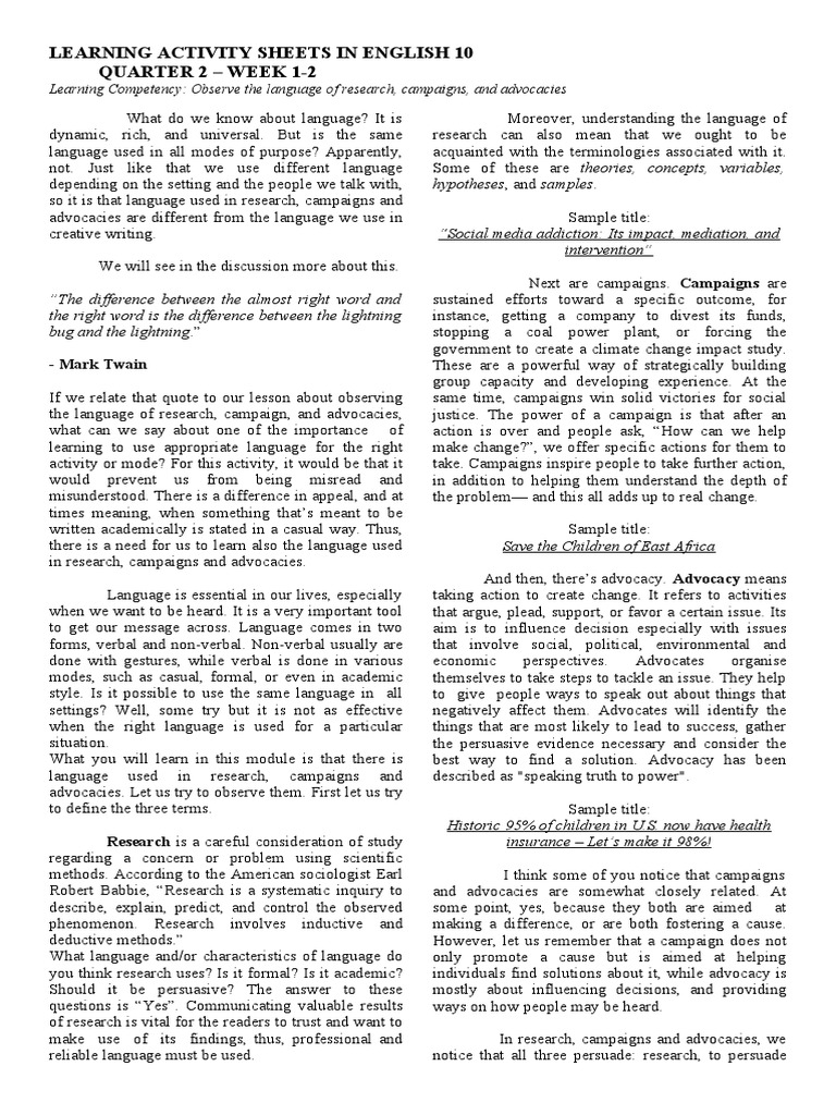 Qtr2 - Eng - Activity Sheets 1 - Week 1-2 | PDF | Persuasion | Nonverbal Communication