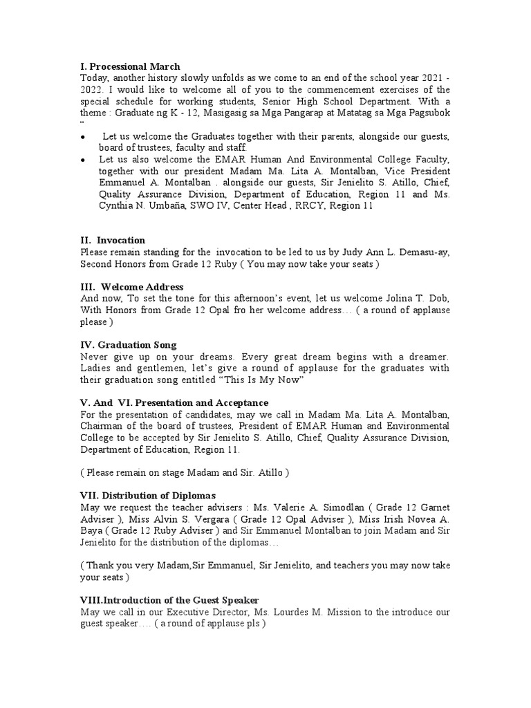 Commencement Exercise Script | PDF