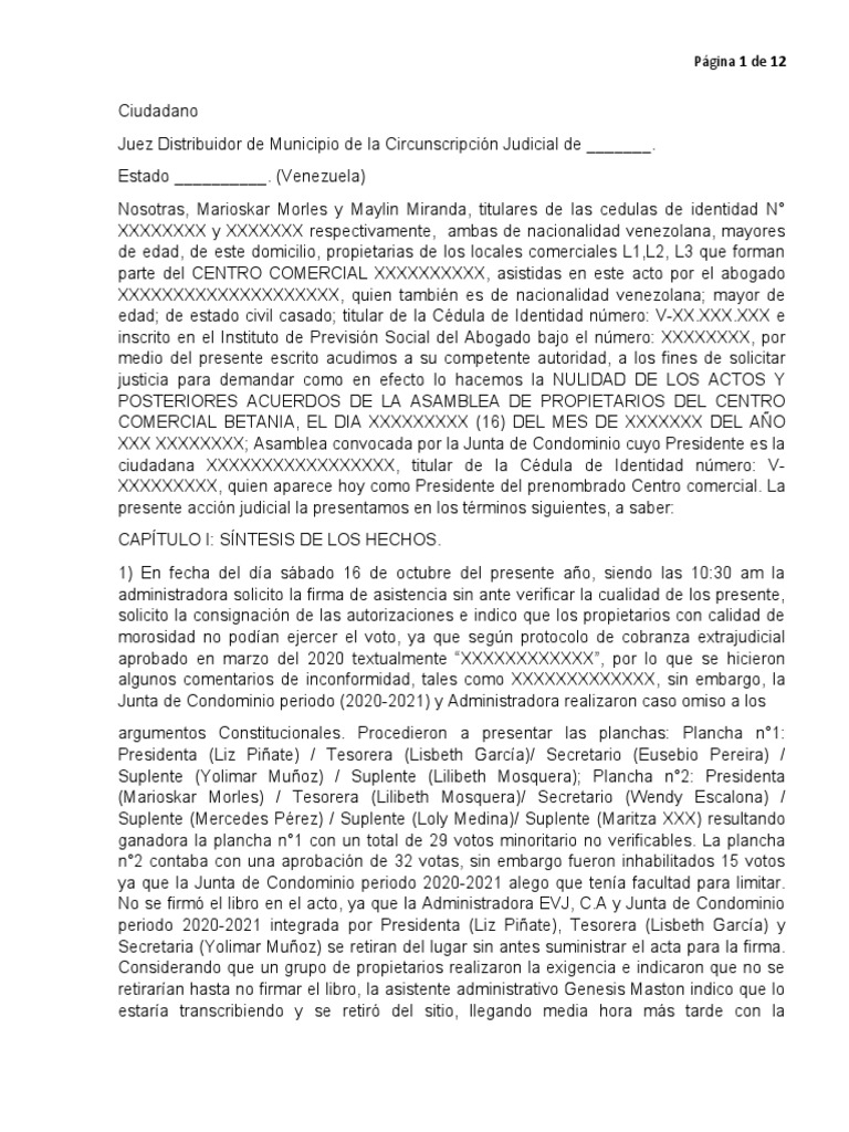 Modelo Impugnación Acta de Asamblea | PDF | Condominio | Caso de ley Modelo Impugnación Acta de Asamblea | PDF | Condominio | Caso de ley