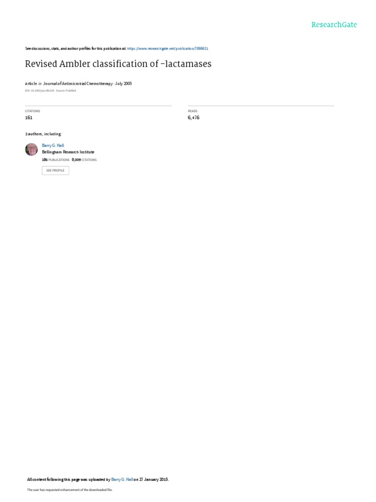 Revised Ambler Classification of - Lactamases | PDF | Beta Lactamase ...