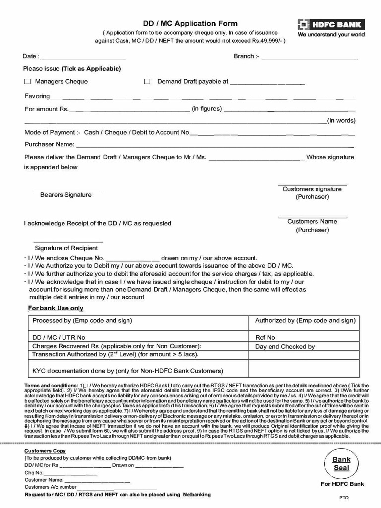 DD MC Application Form: Demand Draft Payable at | PDF | Cheque | Debit Card