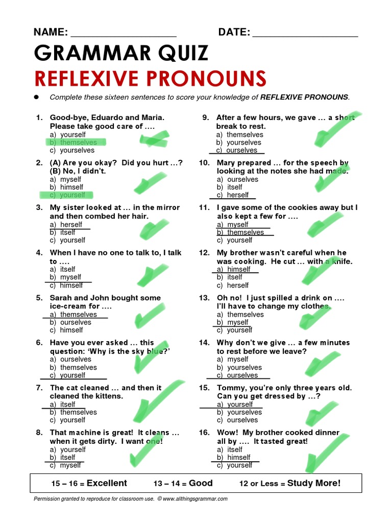 Reflexive Pronouns Exercises | PDF