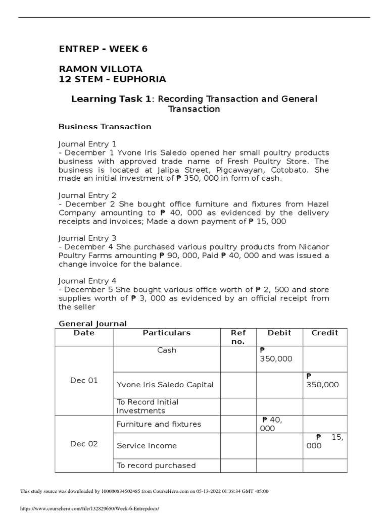 Week 6 Entrep | Download Free PDF | Expense | Debits And Credits