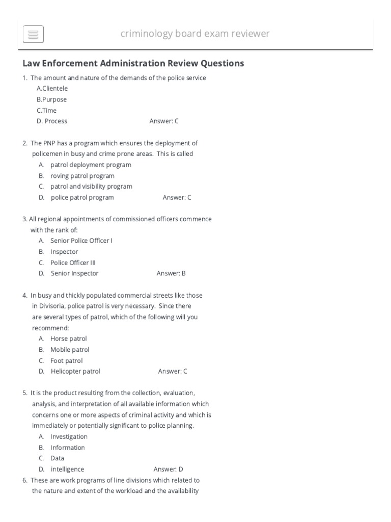 Law Enforcement Administration Review Questions - Criminology Board ...
