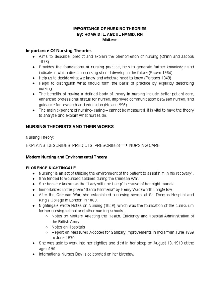 Importance of Nursing Theories | PDF | Nursing | Florence Nightingale