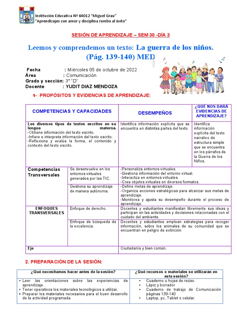 Leemos y Comprendemos Un Texto La Guerra de Los Niños SESION de APRENDIZAJE | PDF | Aprendizaje ...