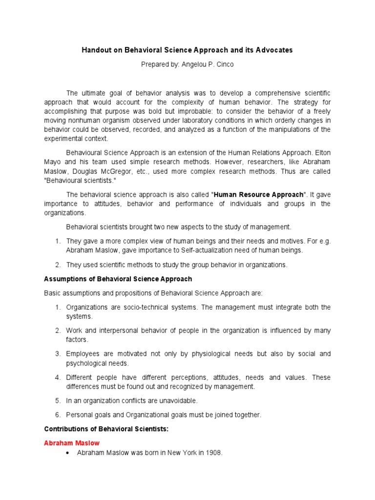 Handout On Behavioral Science Approach and Its Advocates | PDF ...