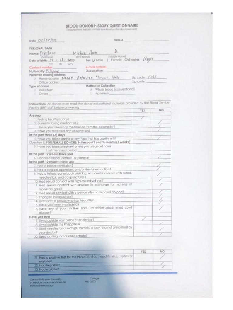 Blood Donor History Questionnaire | PDF