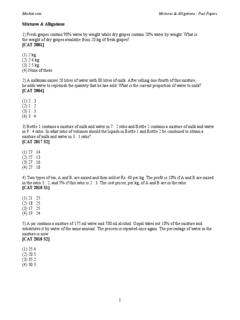 3.2 - Mixtures & Alligations - Qns Only | PDF | Alloy | Ratio 3.2 - Mixtures & Alligations - Qns Only | PDF | Alloy | Ratio